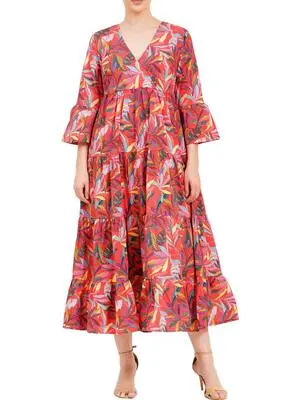 Leota Sariah Poplin Maxi Dress Palm Foliage Poppy Red