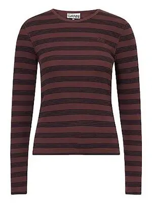 GANNI Striped Stretch-cotton Top - Chocolate Plum