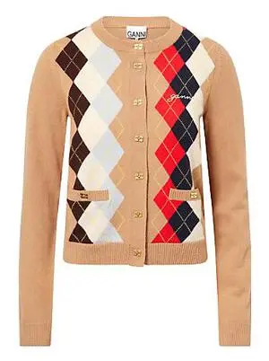GANNI Embroidered Logo Argyle Cardigan - Incense