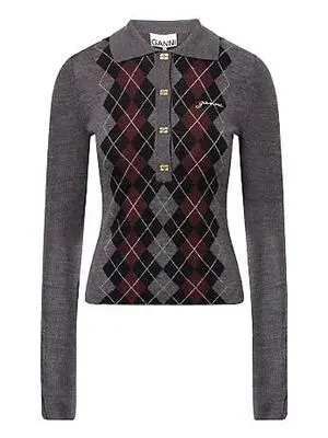 GANNI Argyle Wool Polo Jumper - Frost Gray