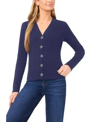 CECE DUPRAZ Flower Button Knit Cardigan - Classic Navy
