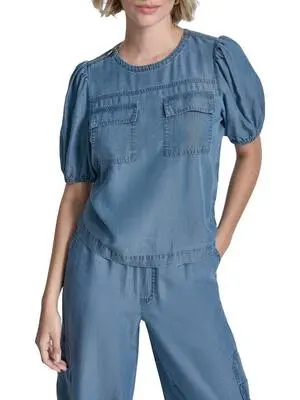 Dkny Denim Puff Sleeve Blouse - Stream Wash