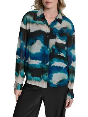 Dkny Printed Long Sleeve Chiffon Shirt - Marbled Ocean