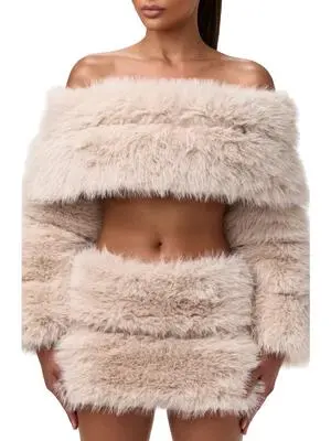 Naked Wardrobe Faux Fur Off-the-shoulder Crop Top - Taupe