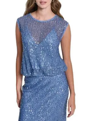 Dkny Sequin Knit Top With Bubble Hem - Liberty Sky