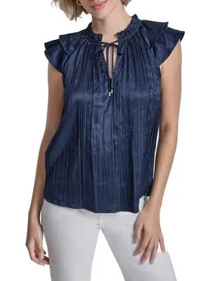 Dkny Pleated Tie-Front Satin Top Hudson Blue