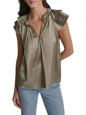 Dkny Pleated Tie-front Satin Top - Light Fatigue