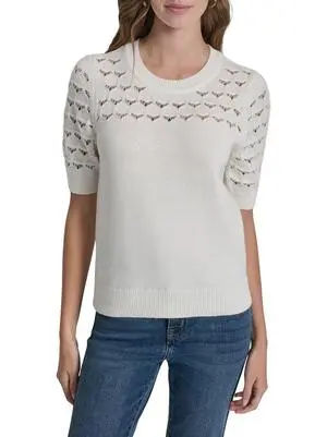Dkny Pointelle Yoke Short Sleeve Sweater - Ivory