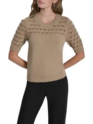 Dkny Pointelle Yoke Short Sleeve Sweater - Travertine