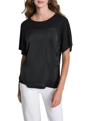 Dkny Mixed Media Satin Top - Black