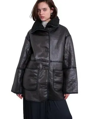 Topshop Oversized Faux Leather Car Coat With Faux Shearling Lining - Black