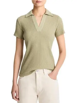 Vince Ribbed Knit Polo - Olive Stone