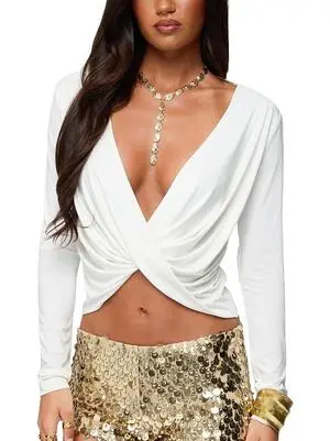 EDIKTED Draped V-neck Long Sleeve Top - Cream