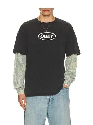Obey Oval Layered Thermal Tee In Black - Dusty Limo Black & Vintage Wood Camo