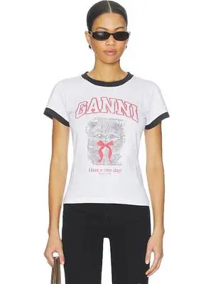 GANNI Basic Cotton Jersey Margot Kitty Print T-Shirt Bright White