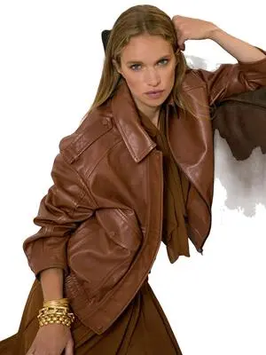 REISS Oversized Leather Jacket - Tan