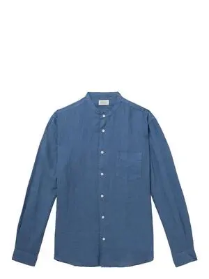 Hartford Premium Pat Grandad-collar Linen Shirt - Blue