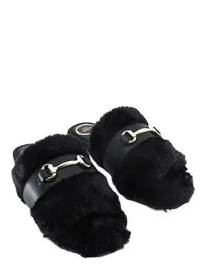 SOLEI SEA Hanni Faux Fur Horsebit Slippers - Black