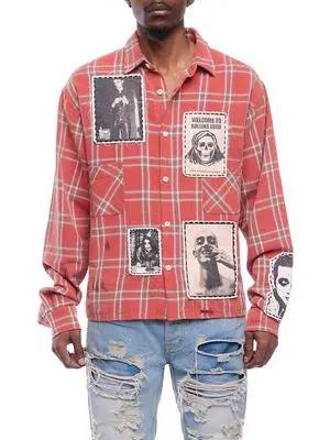 ROLLING LOUD Anarchy Plaid Cotton Flannel Button-up Shirt Jacket - Red