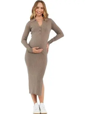 RIPE MATERNITY Knit Polo Shirt Dress - Brown