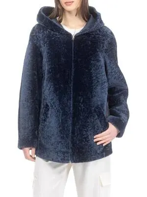 Gorski Textured Reversible Genuine Shearling Zip Parka - Navy