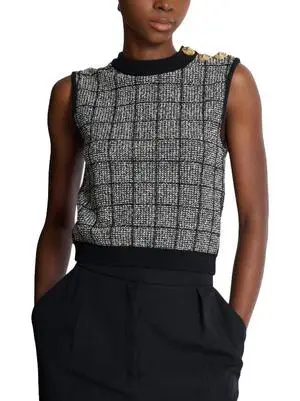 Balmain Tweed Crop Top With Buttons - Black