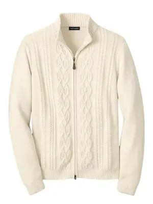 PAUL FREDRICK Cotton Cable Full Zip Mock Neck Sweater Ivory