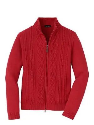 PAUL FREDRICK Cotton Cable Full Zip Mock Neck Sweater - Red