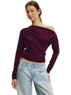 COTTON ON Georgie Off Shoulder Long Sleeve Top - Blackberry Belle