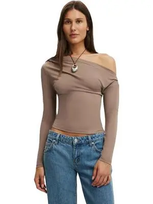 COTTON ON Georgie Off Shoulder Long Sleeve Top - Washed Mocha