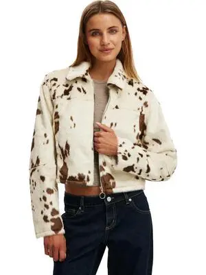 COTTON ON Cow Faux Fur Jacket - Brown