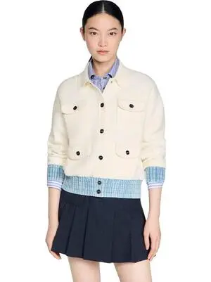 Sandro Bouclé Cardigan With Denim Details - Ecru