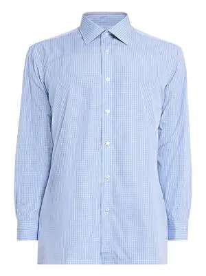 Charvet Cotton Point Collar Micro-plaid Sport Shirt - Blue