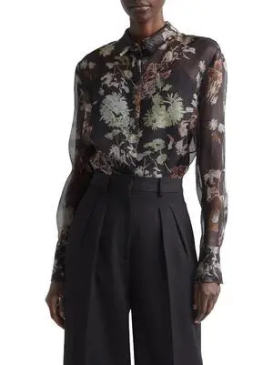 Altuzarra Chika Floral Print Silk Organza Shirt - Black Flowers