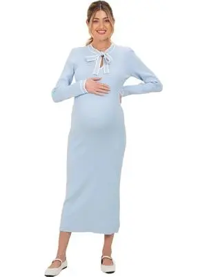 PINKBLUSH Tie Neck Sweater Midi Dress - Light Blue