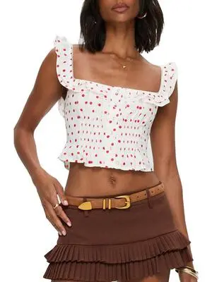 Princess Polly Polka Dot Ruffle Trim Crop Tank - White/red Polka