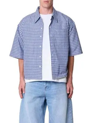 Mnml Crispy Oversize Check Short Sleeve Cotton Poplin Button-up Overshirt - Blue