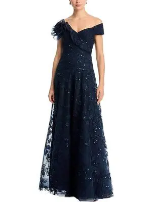 Rickie Freeman For Teri Jon Lace Sweetheart Neck Gown - Navy