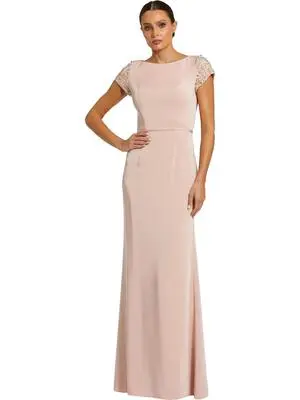 Mac Duggal Beaded Cap Sleeve Satin Column Gown - Rose
