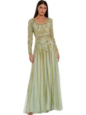 Mac Duggal Beaded Long Sleeve A-line Gown - Light Sage