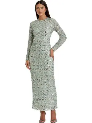 Mac Duggal Embellished High Neck Long Sleeve Column Gown - Jade