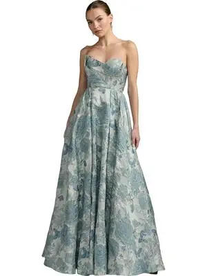 Mac Duggal Strapless Floral Brocade Ball Gown - Seafoam