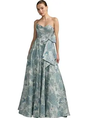 Mac Duggal Strapless Floral Brocade Ball Gown With Bow - Seafoam