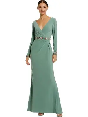 Mac Duggal Jersey V-neck Gown With Beaded Belt - Sage