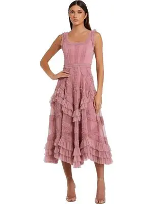 Mac Duggal Sleeveless Micro Ruffle Midi Dress - Pink