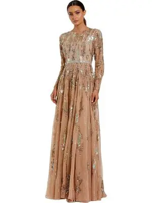 Mac Duggal Sequin Embellished Long Sleeve Gown - Taupe