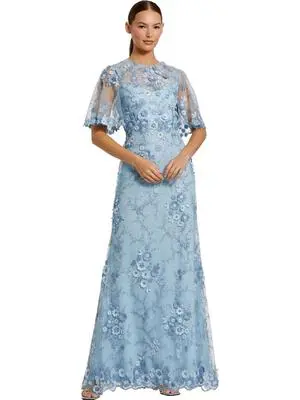 Mac Duggal Flutter Sleeve Floral Embroidered Net Gown - Blue