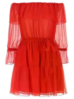 Gucci Ruffle Off-shoulder Silk Mini Dress - Red
