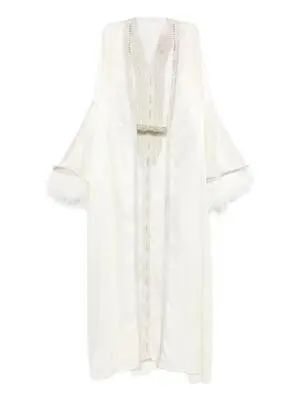 REEM AL DHAHERI Feathered Embroidered Kaftan Set - White