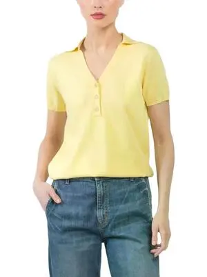 ALLUDE Button V-neck Polo Top - Yellow